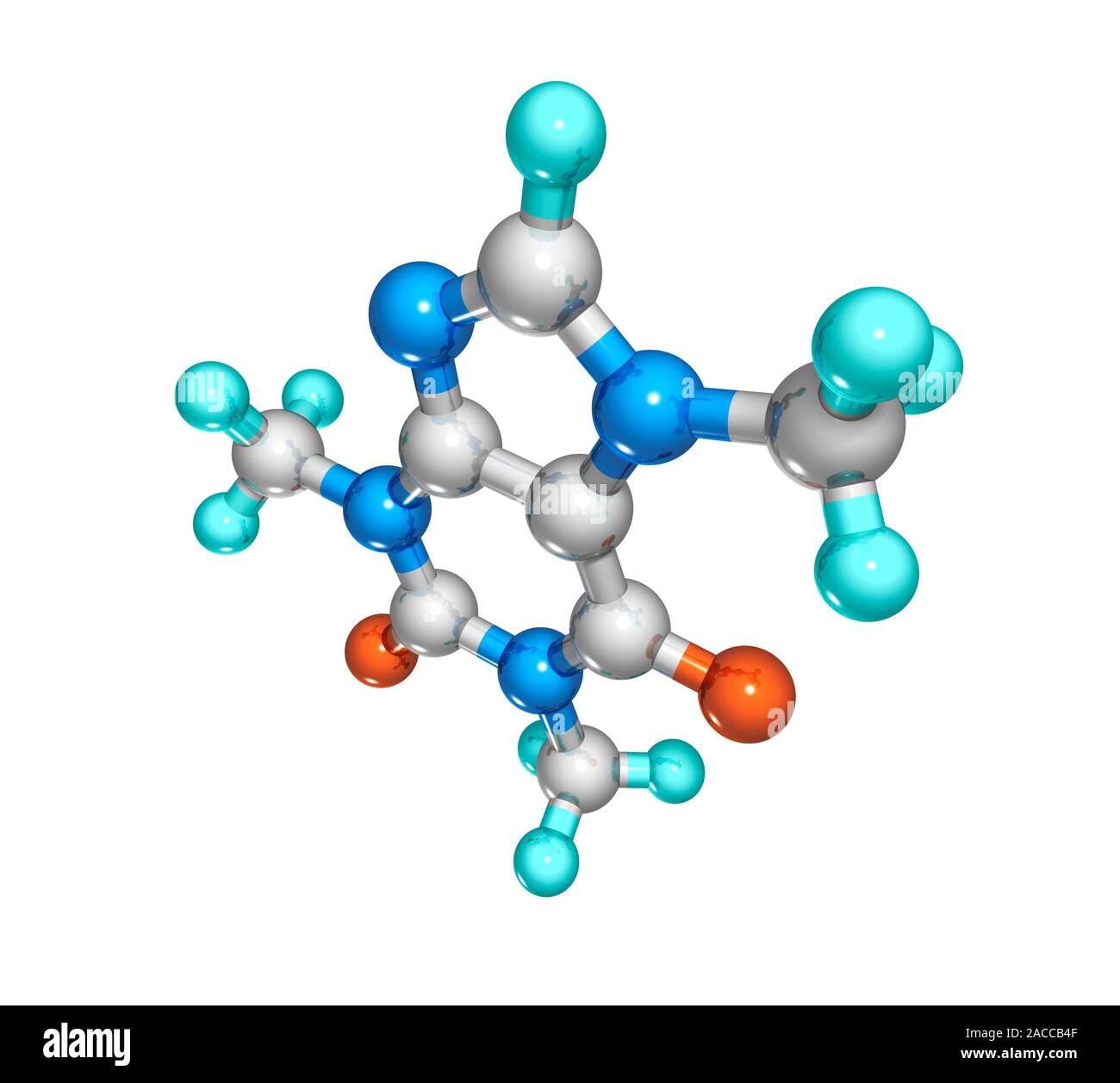 Caffeine. Computer model of a molecule of the alkaloid, stimulant and ...