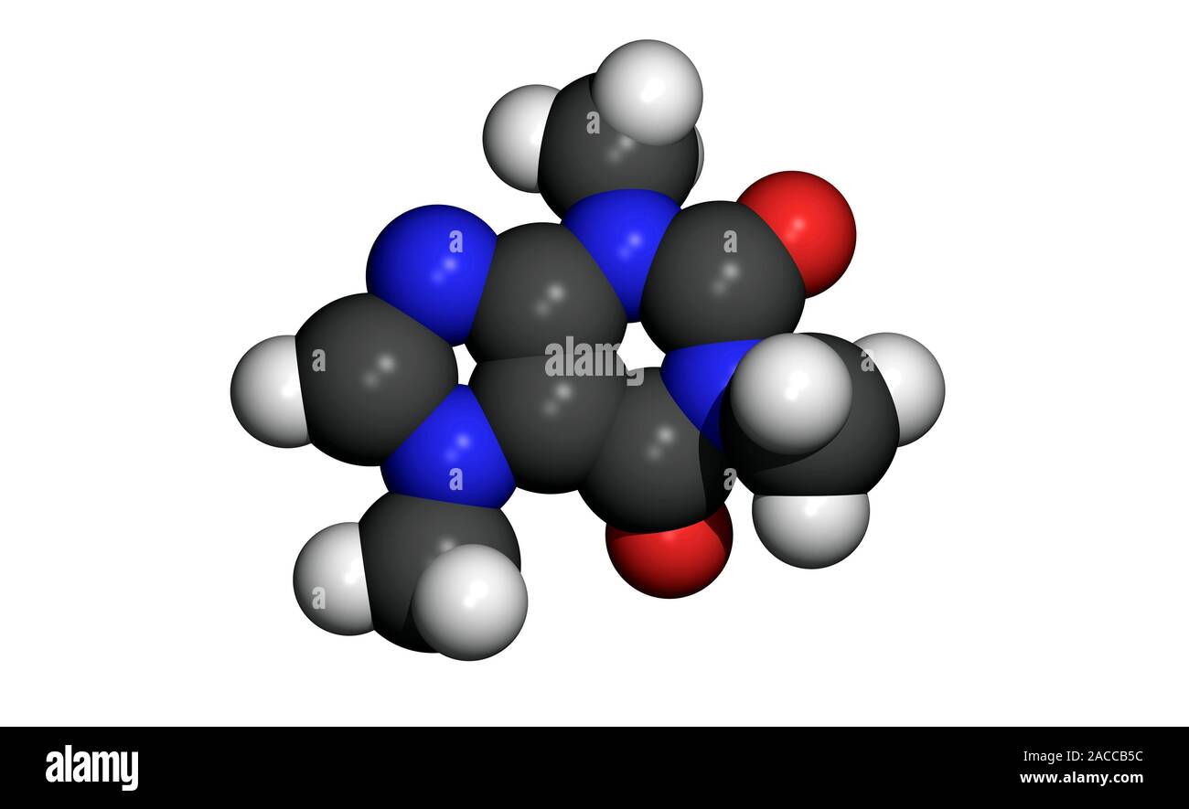 Caffeine. Computer model of a molecule of caffeine. Atoms are ...