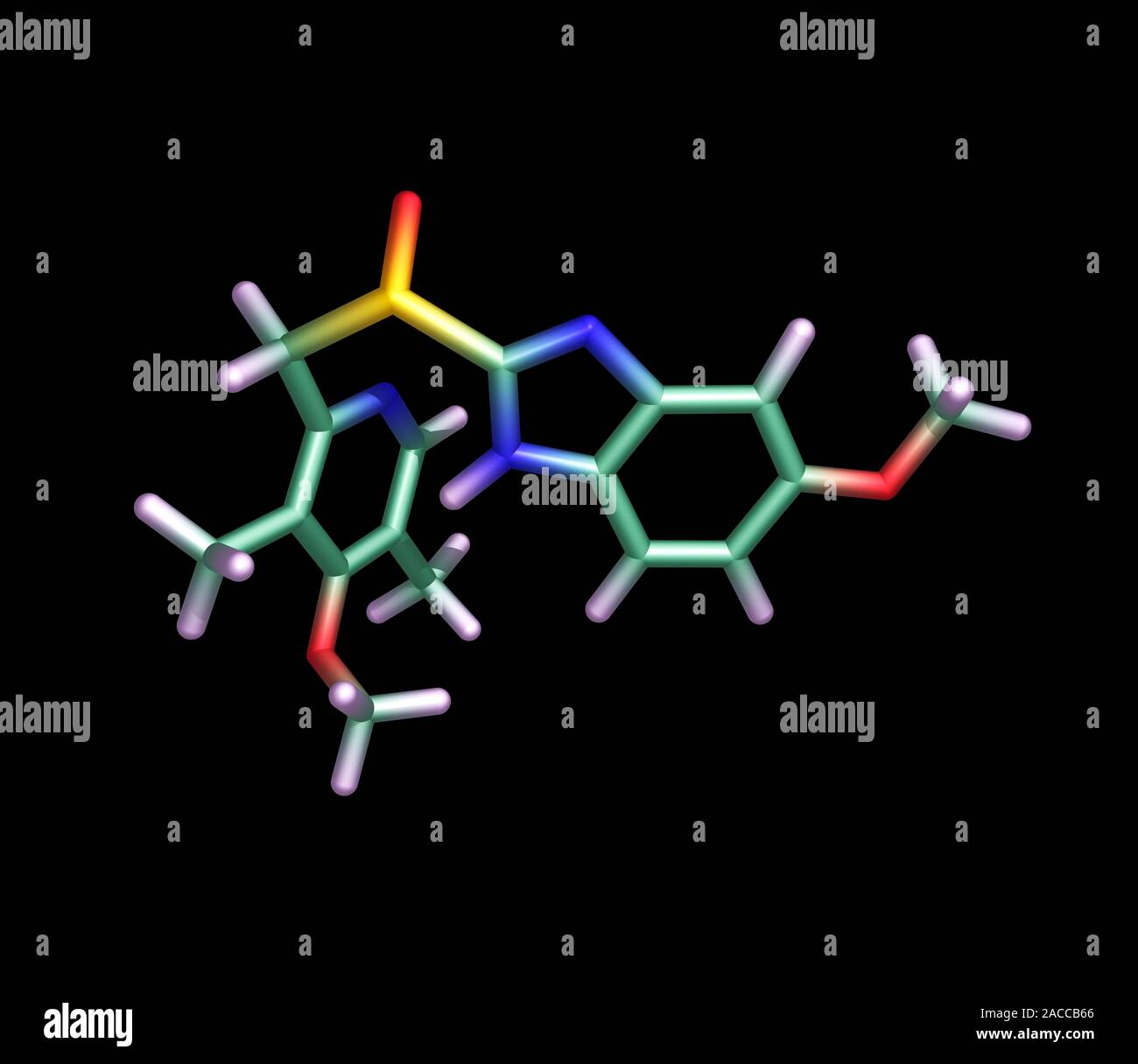 Esomeprazole drug molecule. Computer model of a molecule of the proton ...