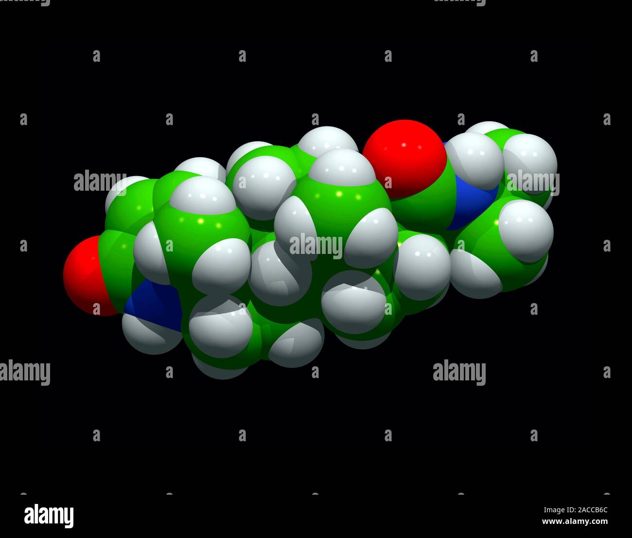 Finasteride hair loss drug molecule, computer model. Atoms are ...