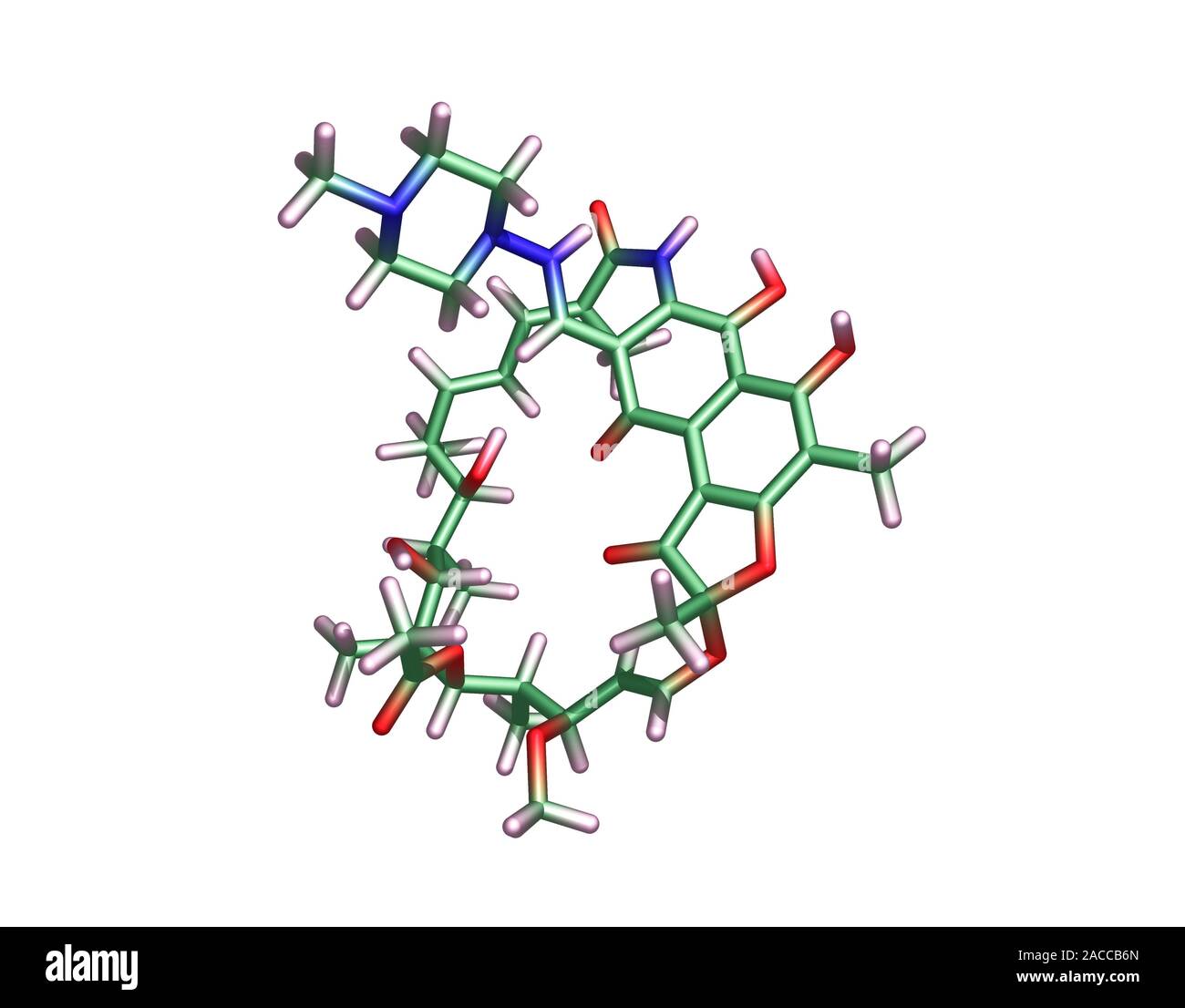 Rifampicin antibiotic molecule. Computer model of a molecule of the ...
