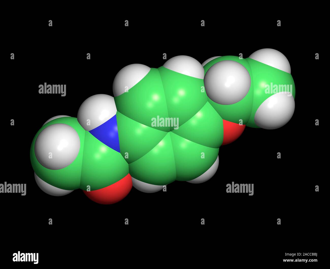 Phenacetin drug molecule. Computer model of a molecule of the analgesic ...