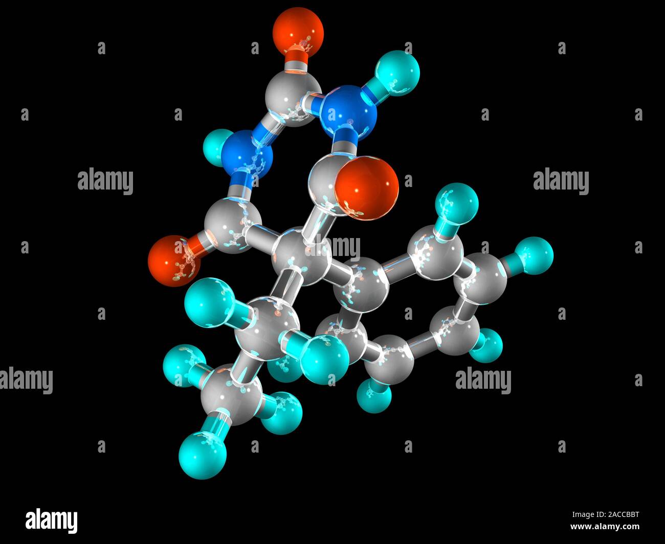 Phenobarbital sedative drug, molecular model. Phenobarbital ...