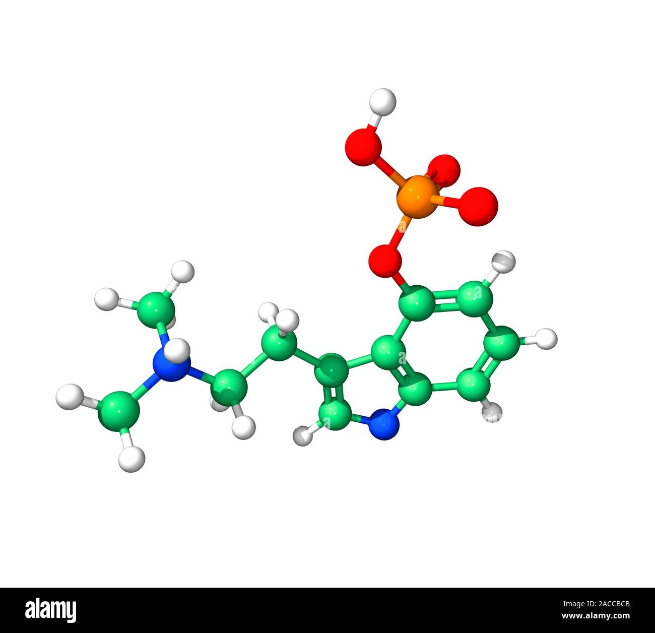 Psilocybin hallucinogen molecule. Computer model of a molecule of the hallucinogenic drug ...