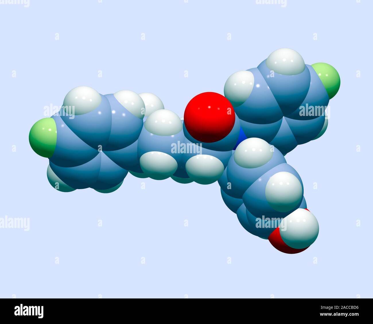 Ezetimibe drug molecule. Computer model of ezetimibe, a cholesterol ...