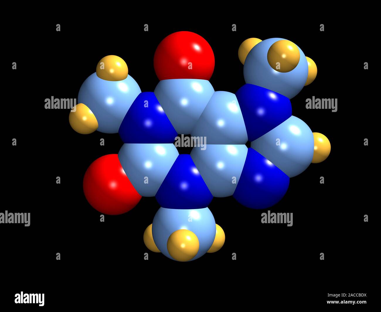 Caffeine. Computer model of a molecule of caffeine. Atoms are ...