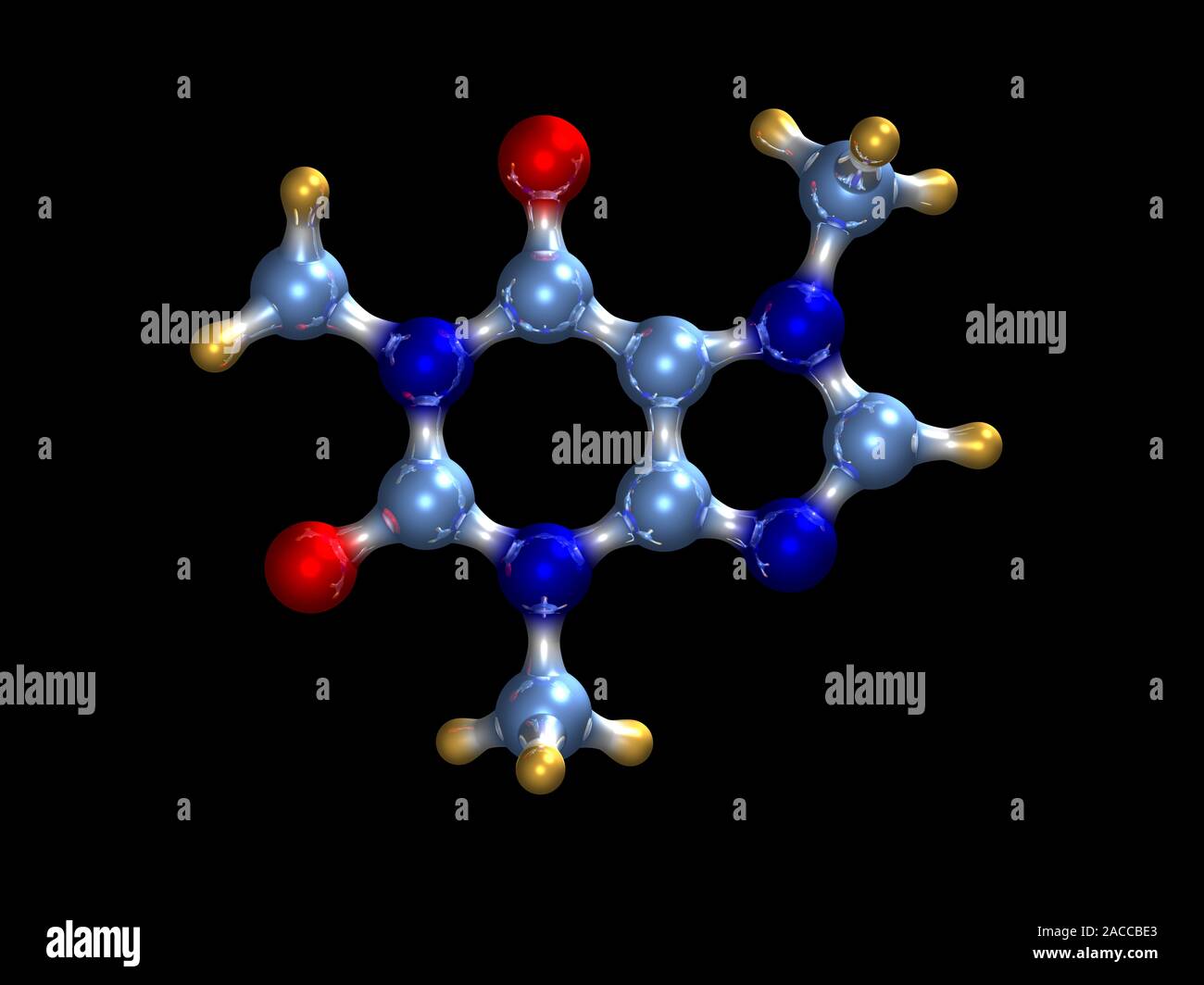 Caffeine. Computer model of a molecule of caffeine. Atoms are ...