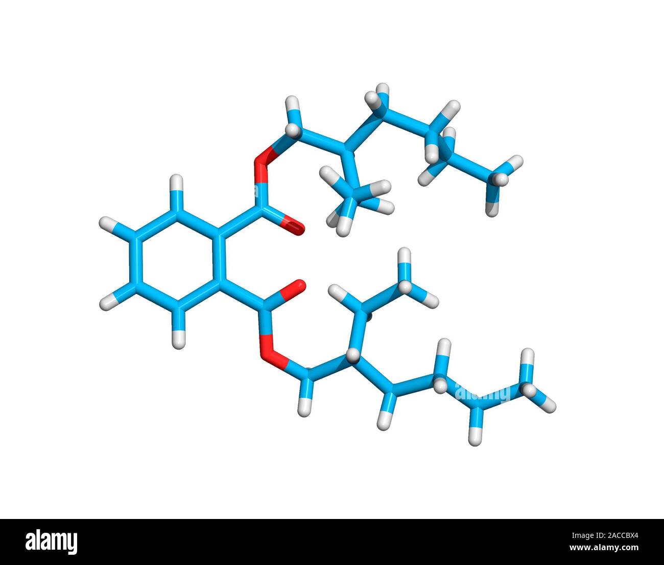 Di(2-ethylhexyl) phthalate (DEHP), molecular model. Atoms, represented ...