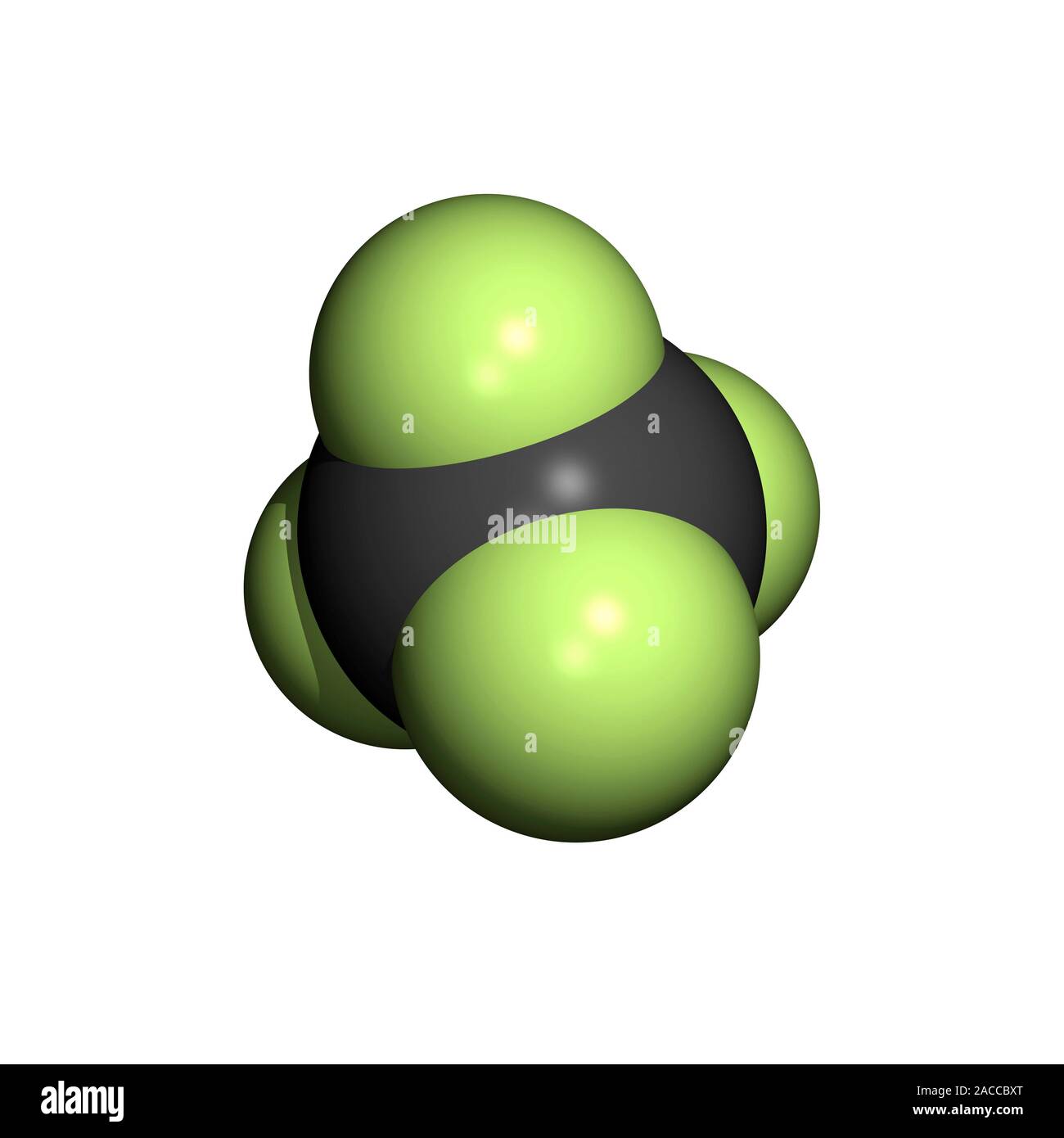 Tetrafluoromethane molecule, computer model. This molecule is a inert ...