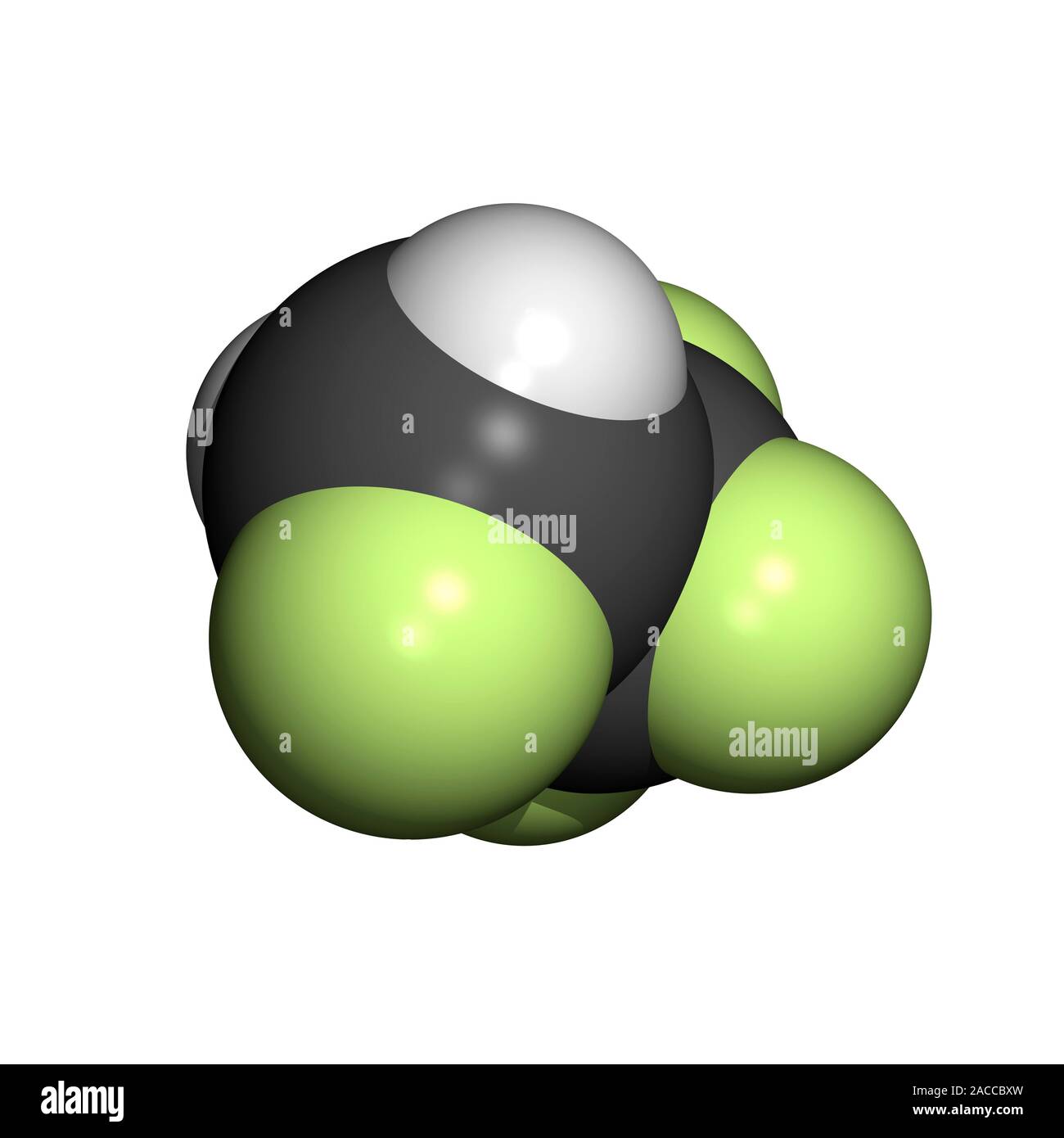 Tetrafluoroethane molecule, computer model. This molecule is an inert ...