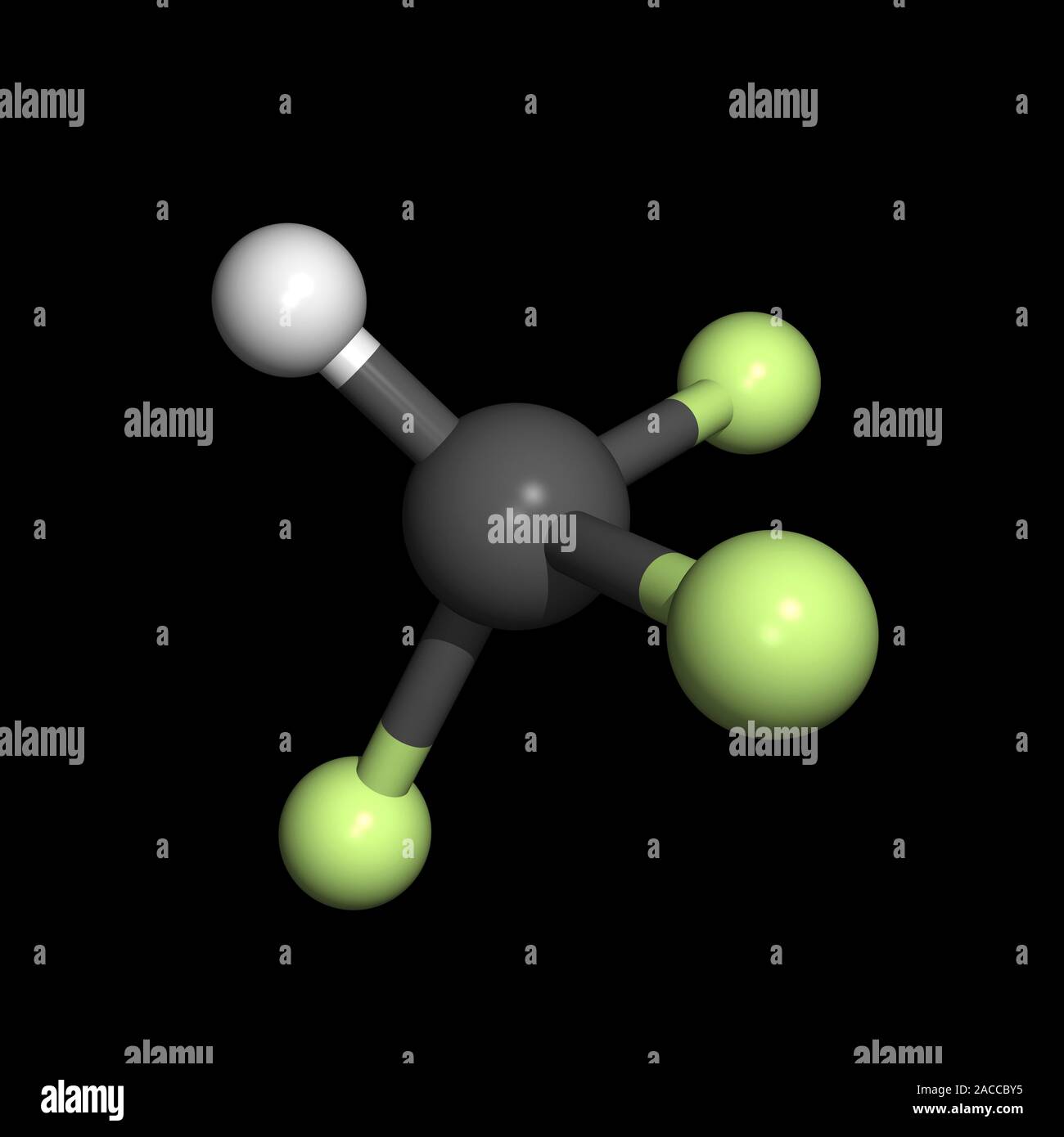 Trifluoromethane molecule. This hydrofluorocarbon molecule, also known ...