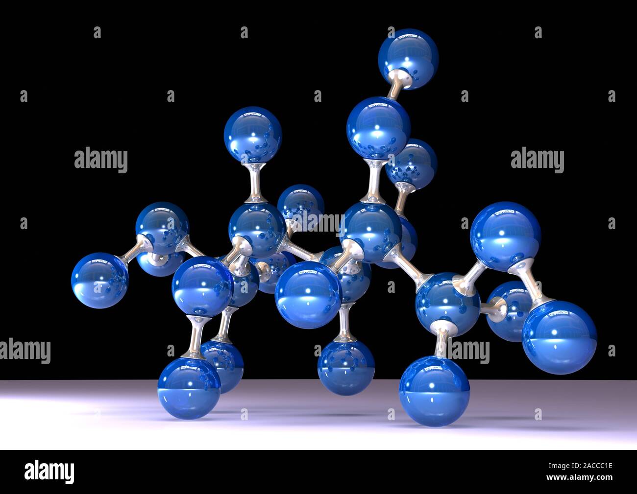 Glucose, molecular model. Atoms are represented as spheres (blue ...