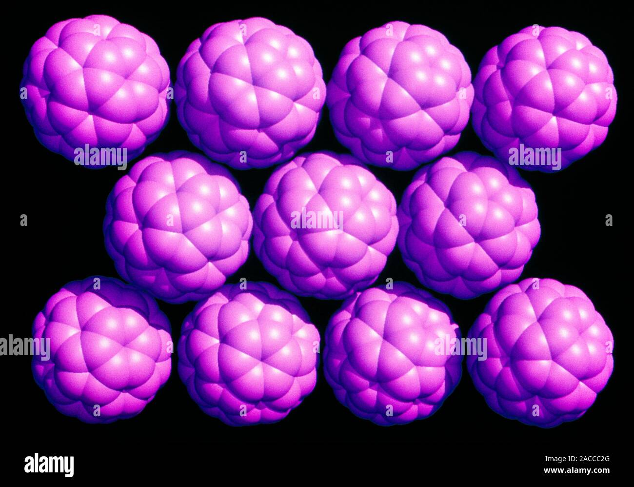 Fullerene lattice. Space-filled molecular graphics image showing the ...