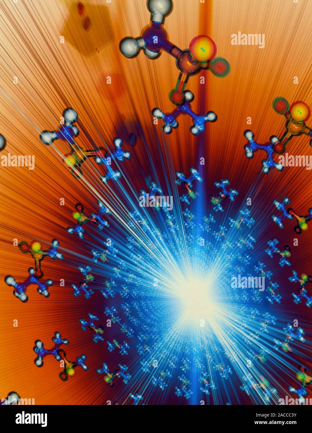 Sarin nerve gas. Computer artwork of exploding molecules of the nerve ...