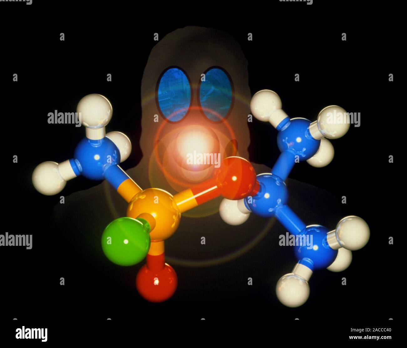 Sarin nerve gas. Computer artwork of a human wearing a gas mask behind ...