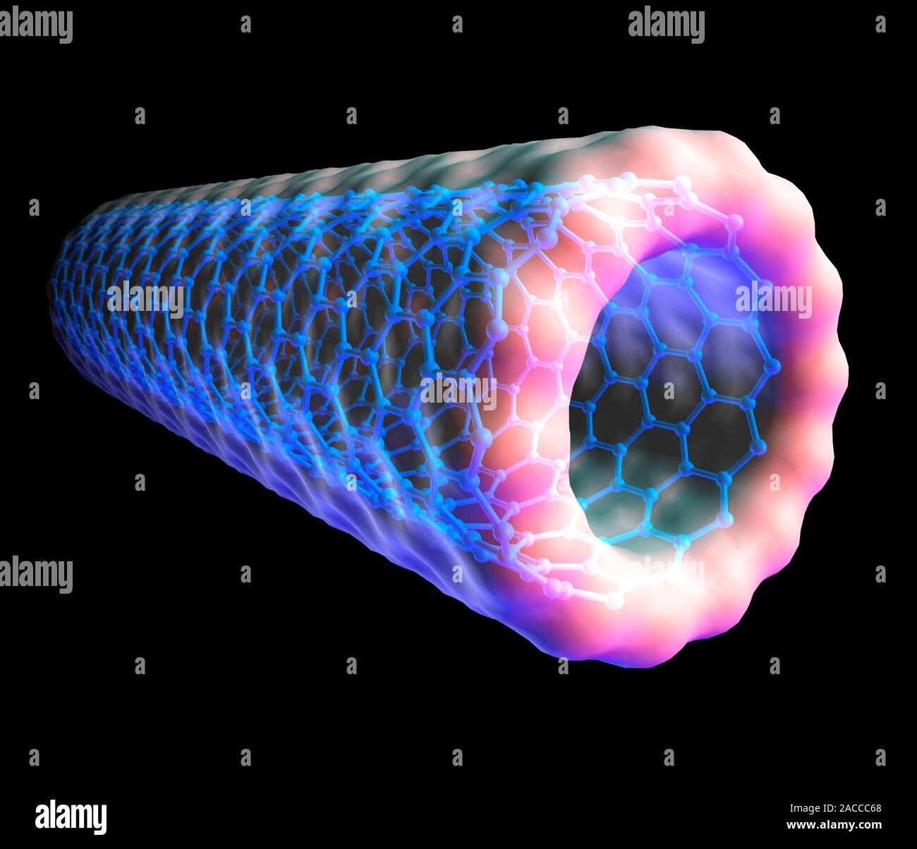 Buckytube. Molecular model of a tubular fullerene molecule. The blue ...