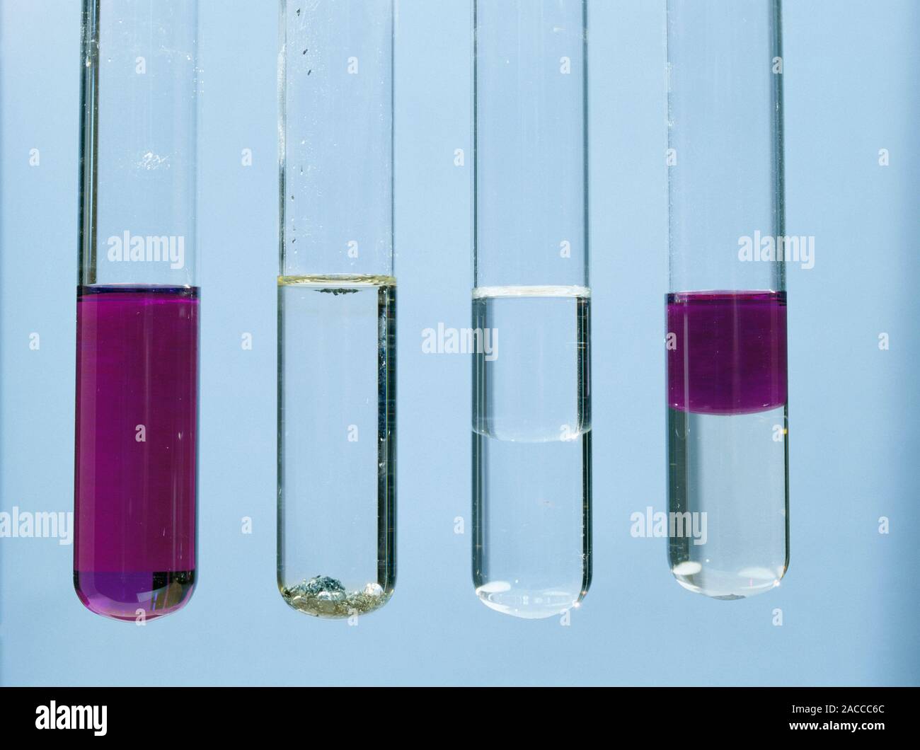 Iodine solubility. Series of test tubes testing solvent action on ...