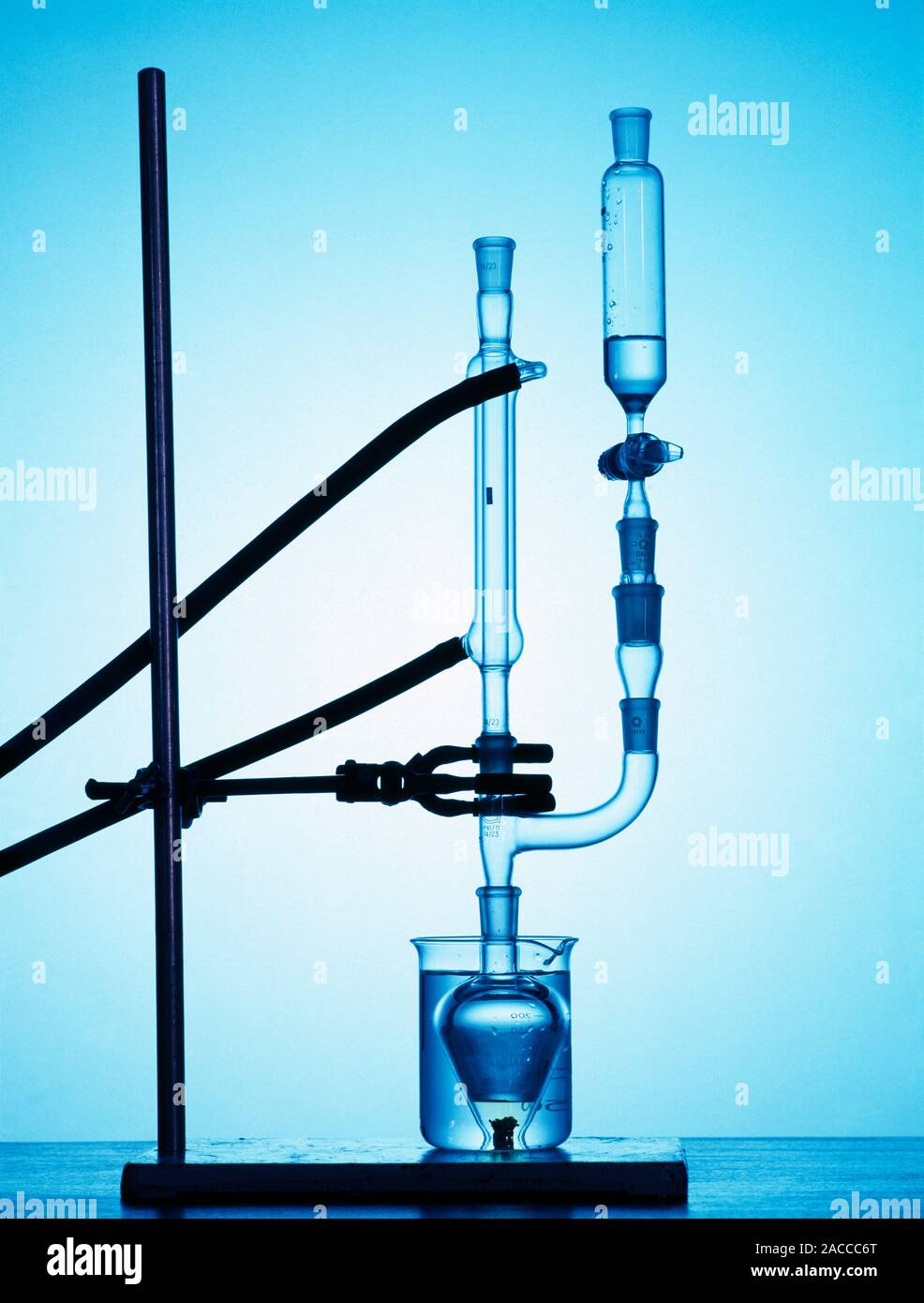 Organic synthesis. Reflux apparatus used to make phenylamine. The pear ...