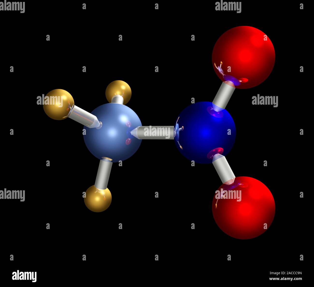 Nitromethane. Computer model of a molecule of nitromethane. This ...