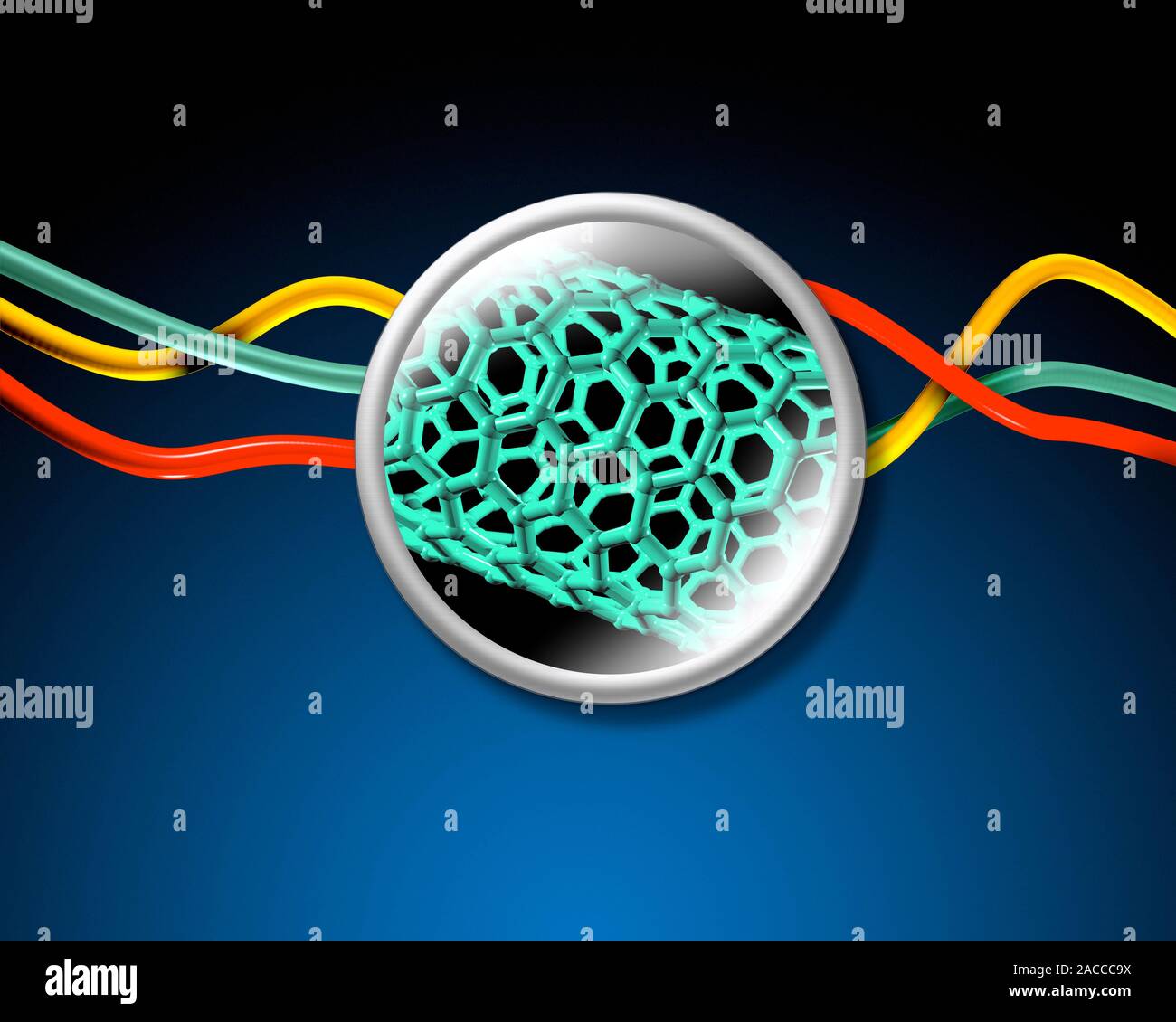 Nanotube technology. Computer artwork of three carbon nanotubes with a ...