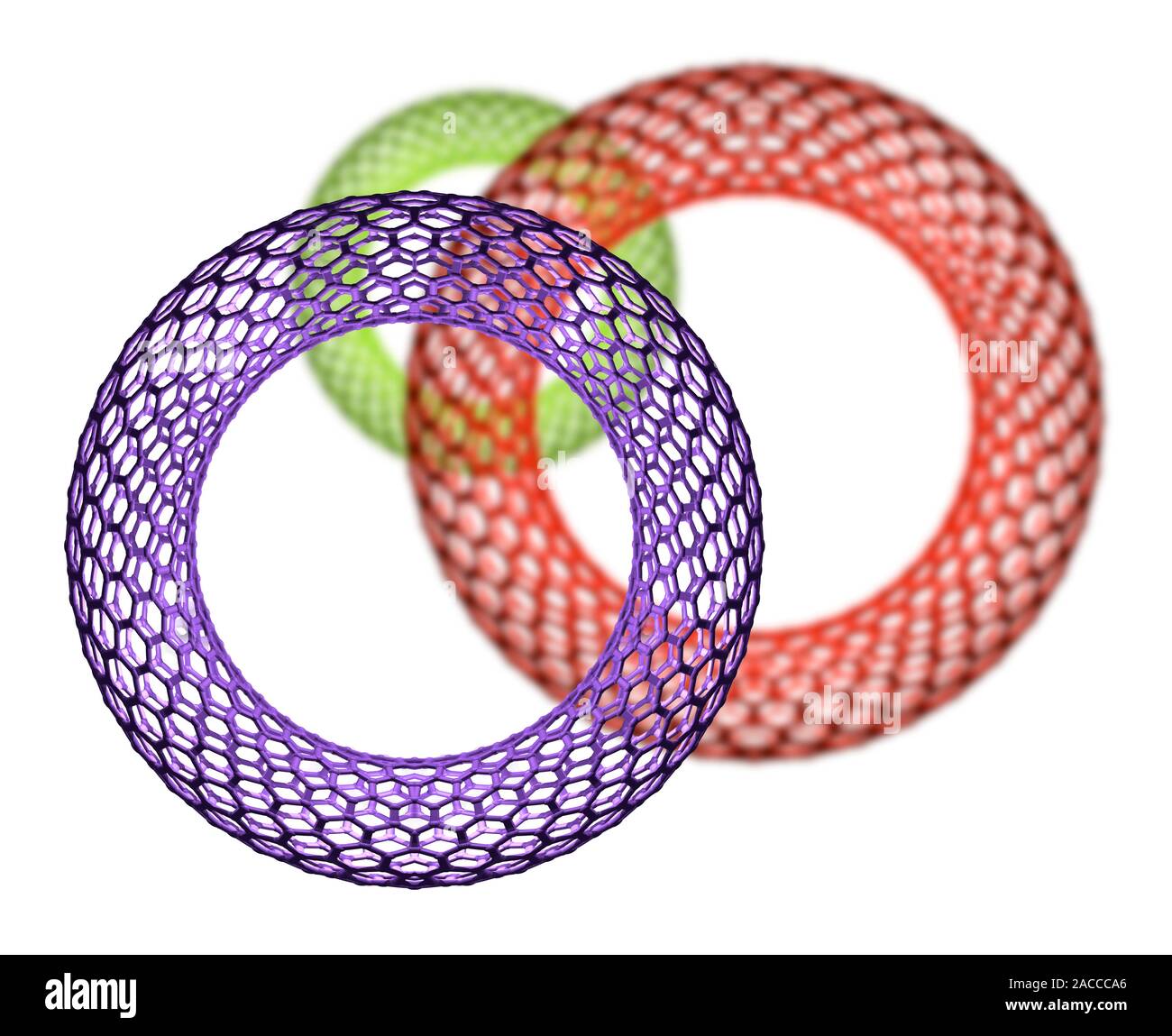 Nanotube technology. Computer artwork of three cylindrical fullerenes ...