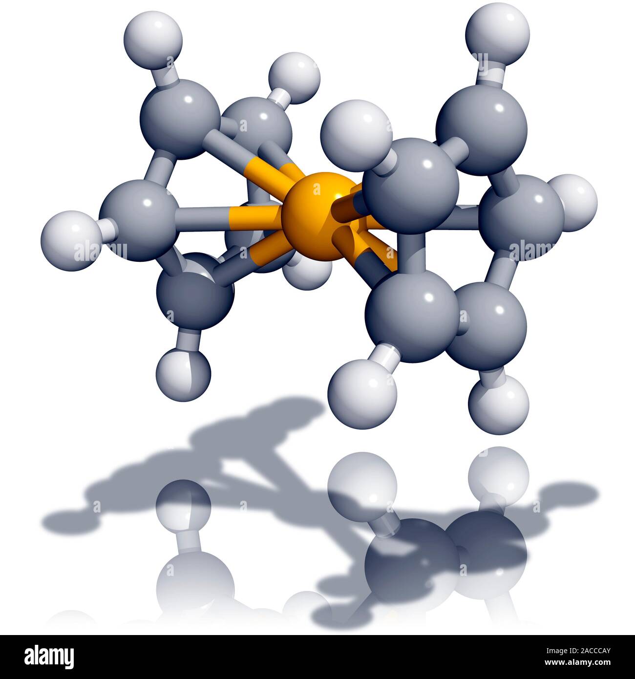 Ferrocene, molecular model. Ferrocene is an organometallic compound ...