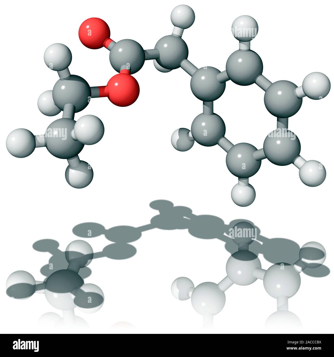 Ethyl phenylacetate molecule, molecular model. This is an ester compound. Esters are often ...