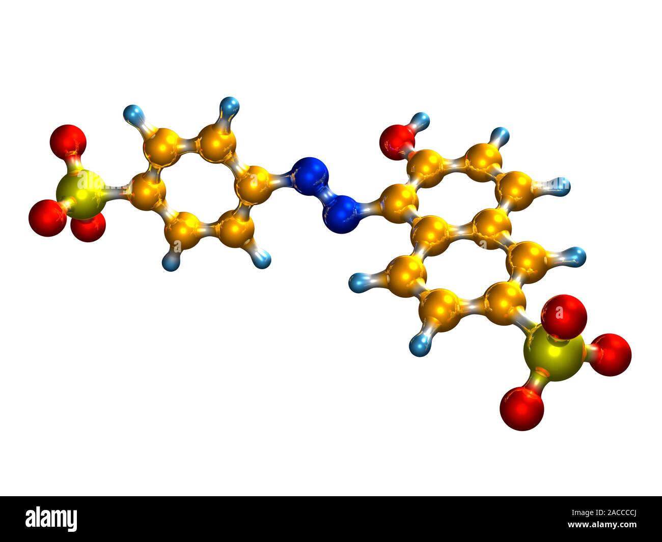 Sunset Yellow food colouring molecule. Molecular model of Sunset Yellow ...