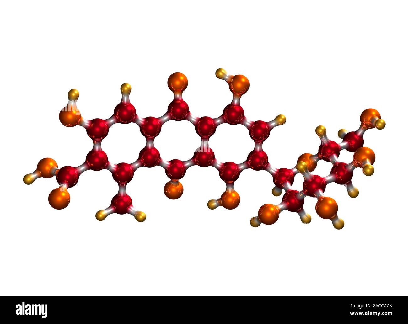 Carmine food colouring molecule. Molecular model of carminic acid, an ...