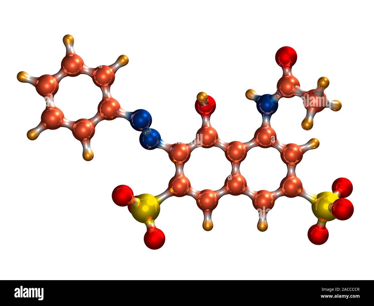 Red 2G food colouring molecule. Molecular model of Red 2G, an organic ...