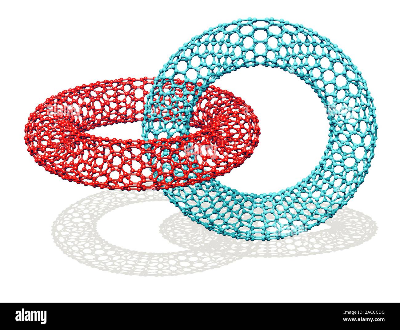 Nanotube technology. Computer artwork of two interlinked cylindrical ...