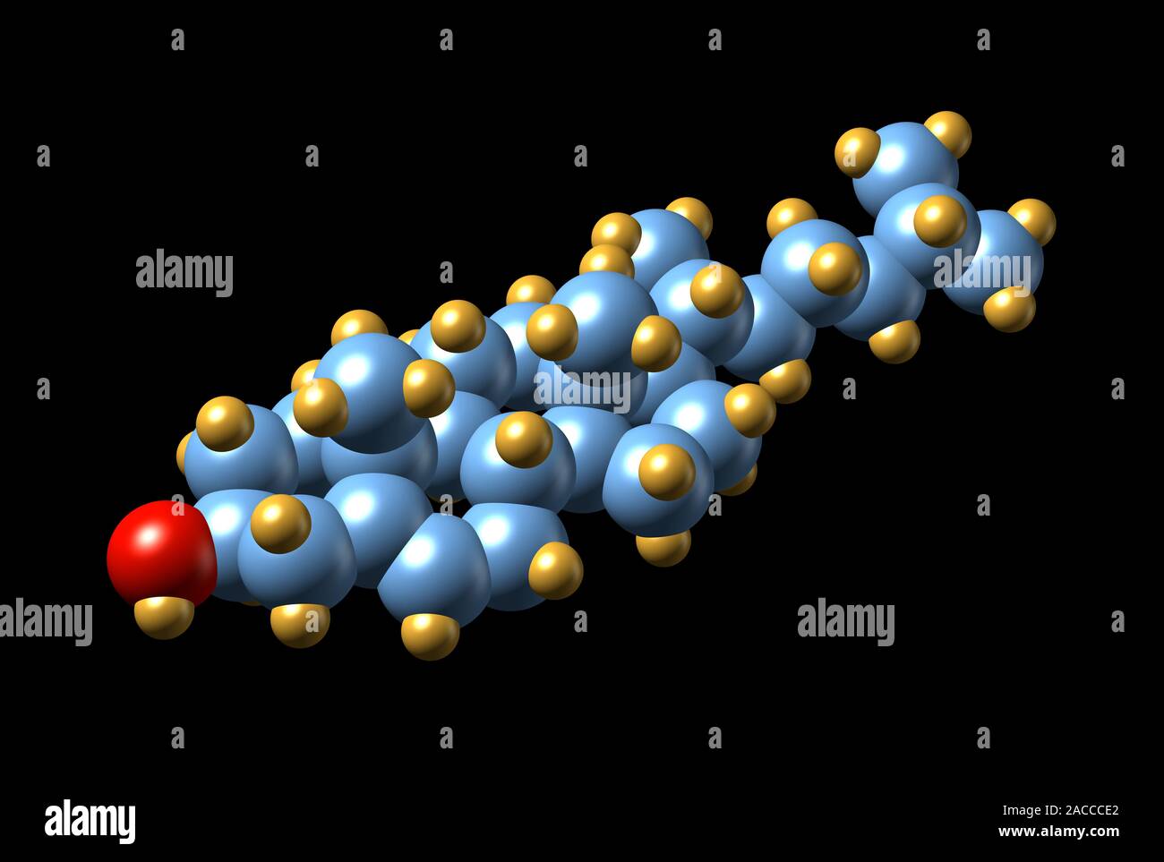 Cholesterol, molecular model. Atoms are represented as spheres and are ...