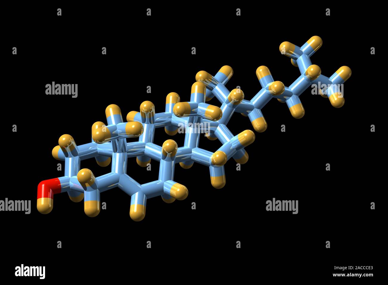 Cholesterol, molecular model. Atoms are represented as rods and are ...