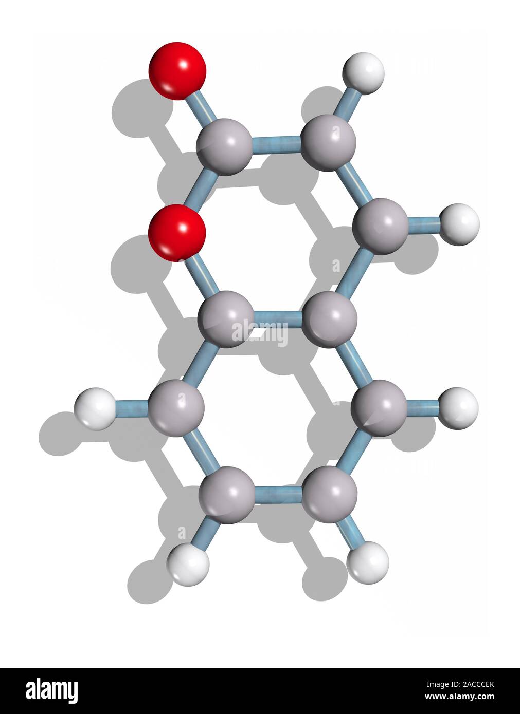 Coumarin molecule. Molecular model of the plant toxin coumarin. This ...
