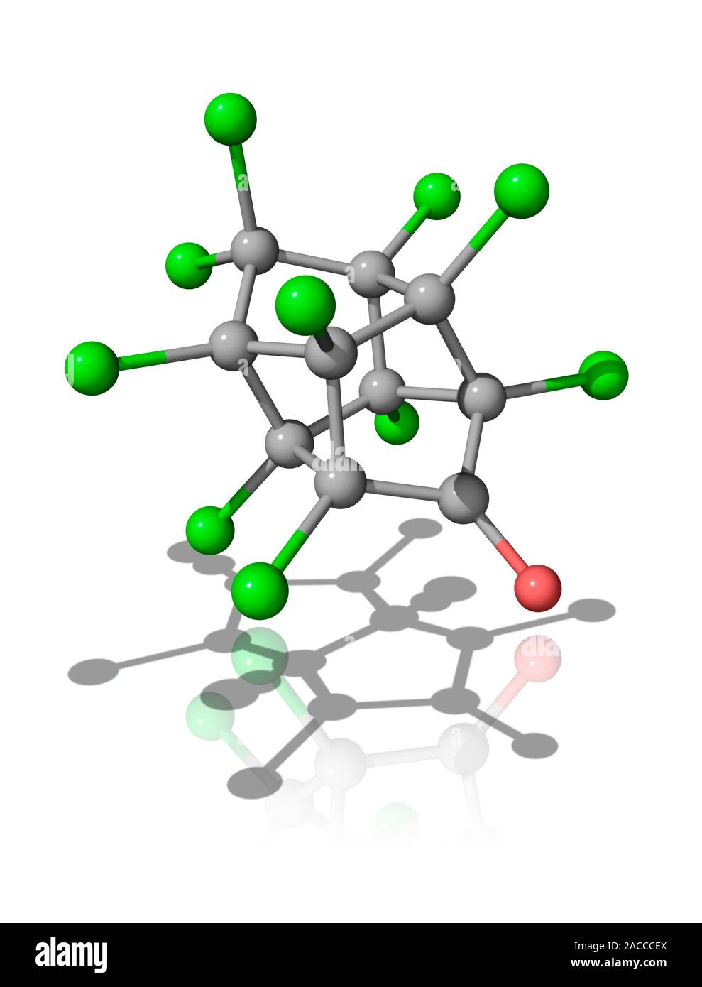 Chlodecone insecticide, molecular model. Chlodecone was used as an ...