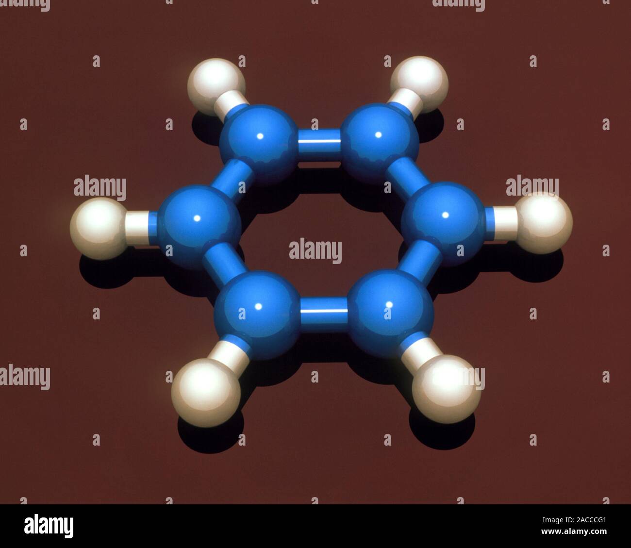 Benzene. Computer graphic of a molecule of benzene. The atoms are ...