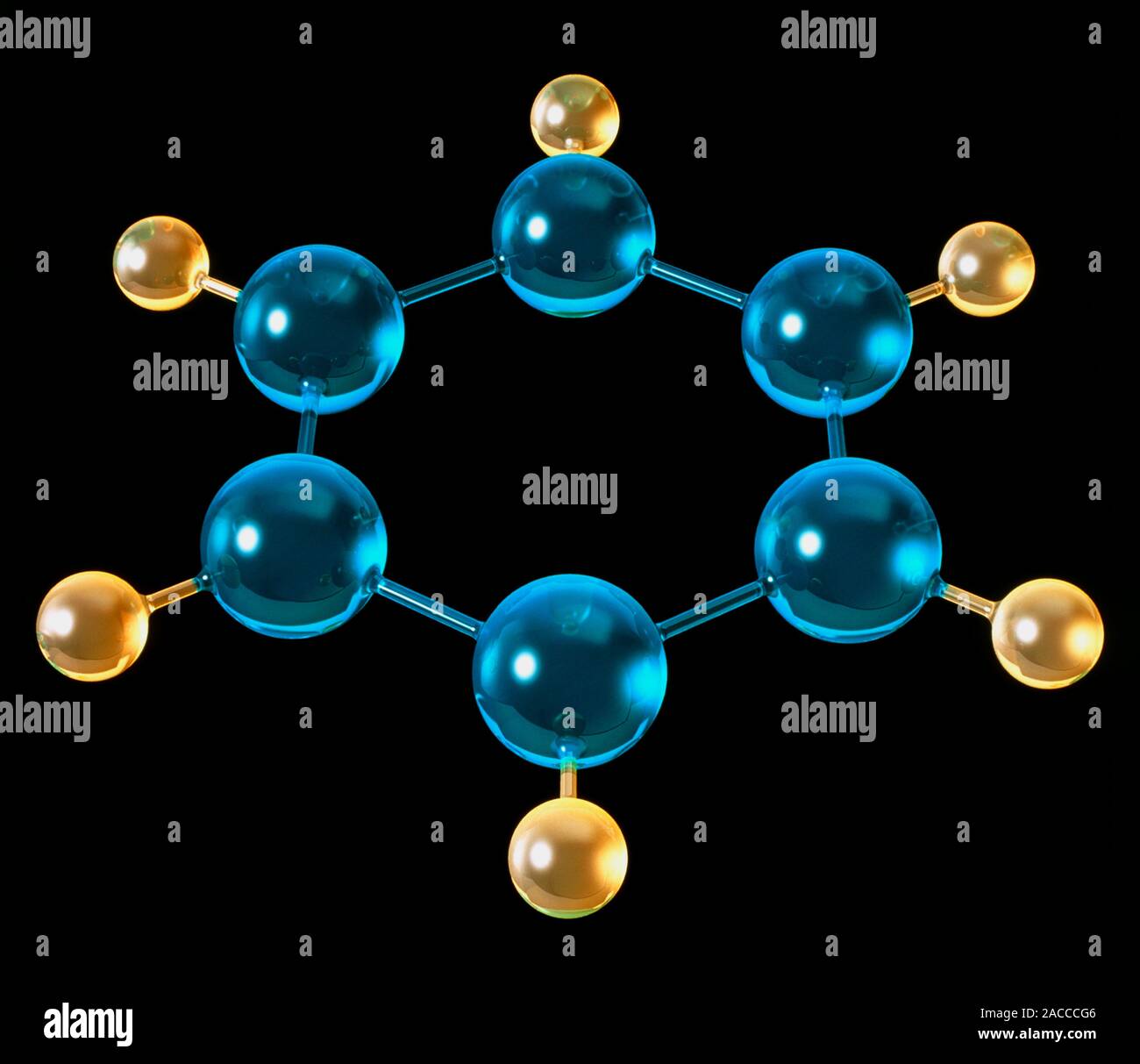 Benzene. Computer model of a molecule of benzene. The atoms are ...