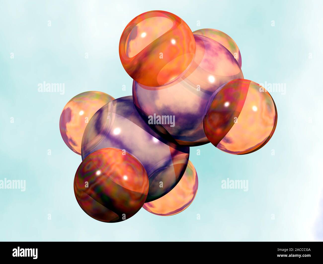 Ethane. Computer model of a molecule of ethane (C2.H6). Atoms (balls ...