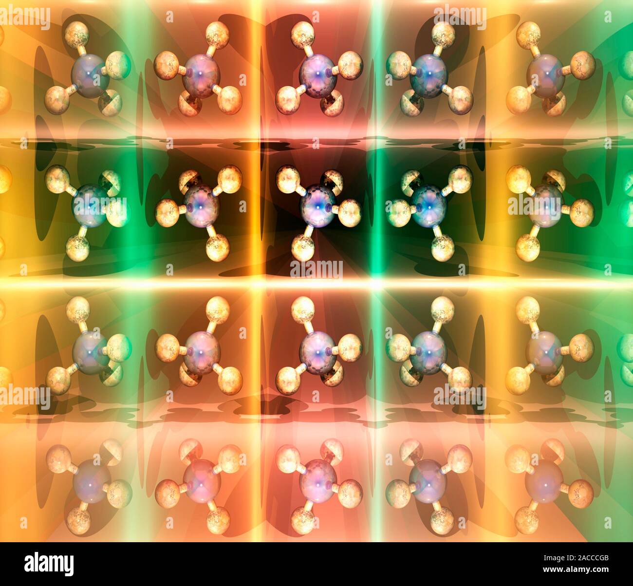 Methane. Computer model of 20 molecules of methane (CH4). The atoms ...