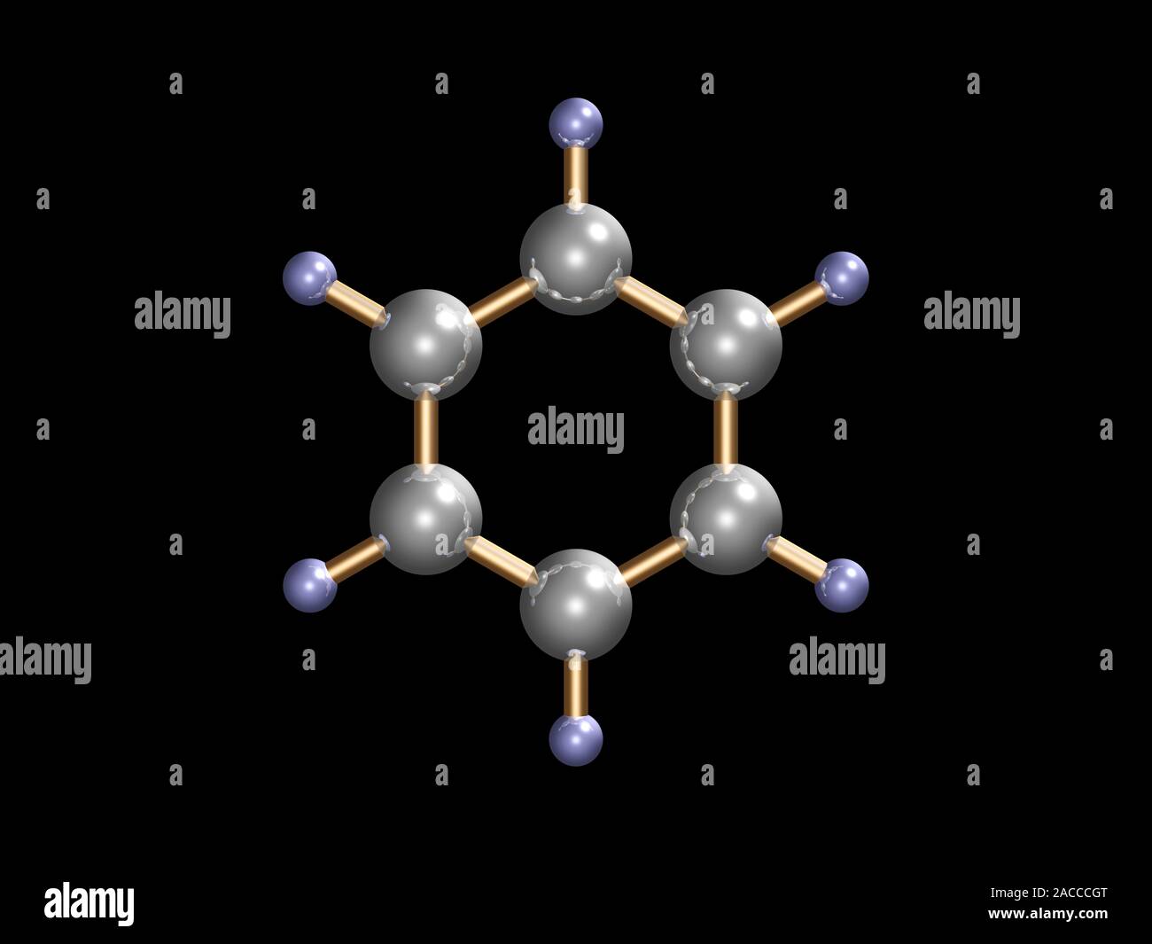 Benzene. Computer model of a molecule of benzene. Atoms are represented ...