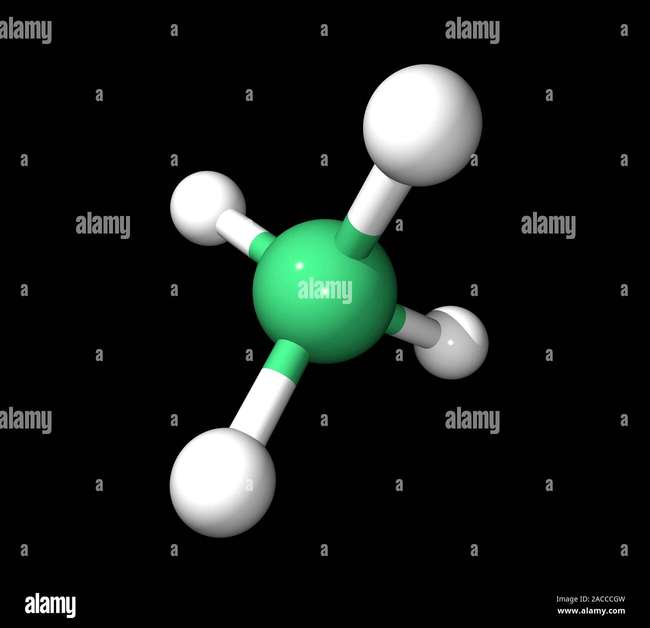 Methane molecule. Computer model of a methane molecule (CH4). Atoms are ...