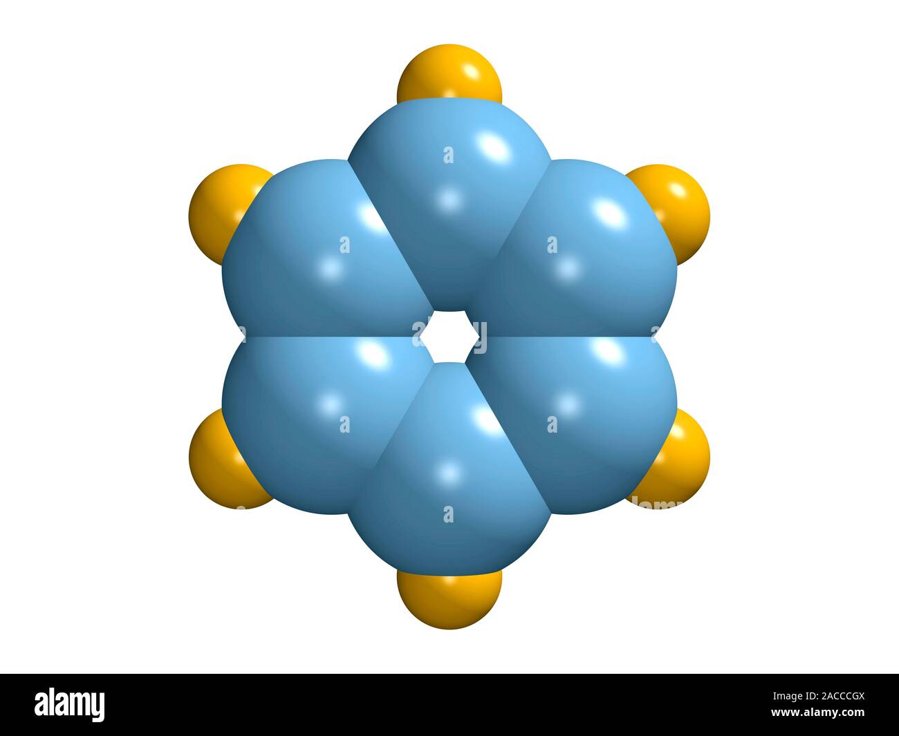Benzene. Computer model of a molecule of benzene. Atoms are represented ...