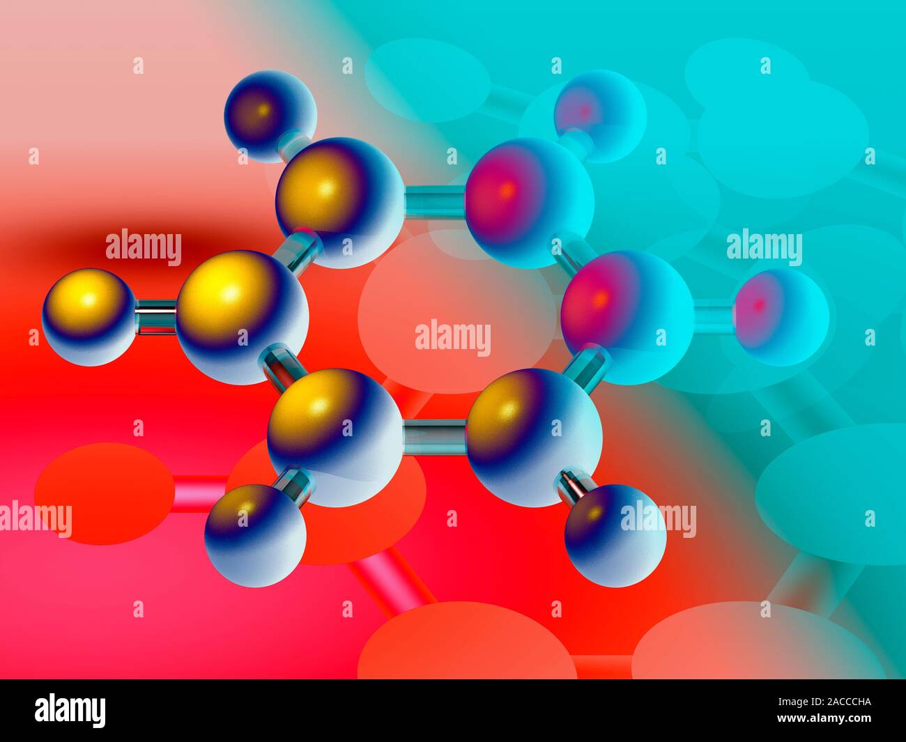 Benzene. Computer model of a molecule of benzene. Atoms are represented ...