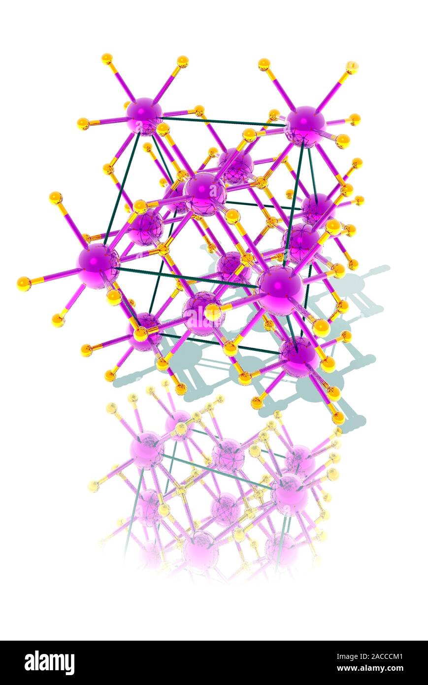 Calcium fluoride crystal, molecular model. Calcium ions are purple ...