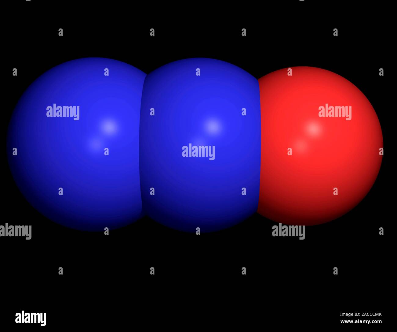 Nitrous oxide. Computer model of a molecule of nitrous oxide. Atoms are ...