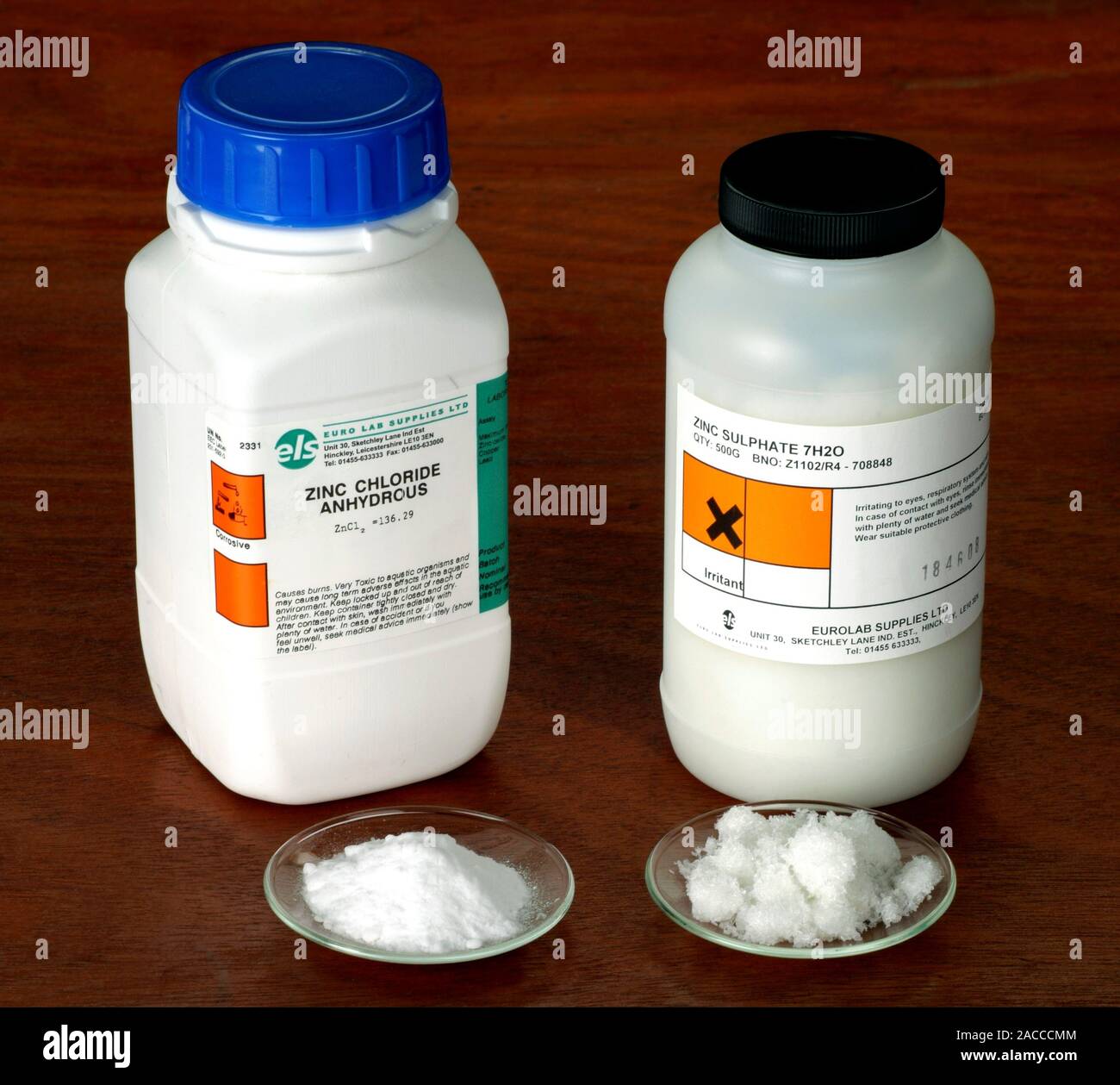 Zinc chloride and zinc sulphate. Watchglasses and containers of ...