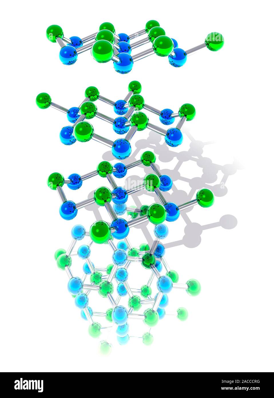 Boron nitride crystal structure, molecular model. Boron atoms are green ...