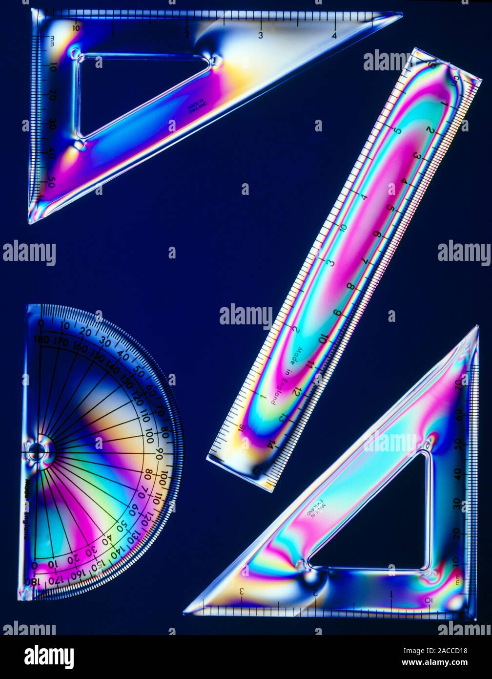 Assortment of geometry instruments; a protractor (centre, used for ...