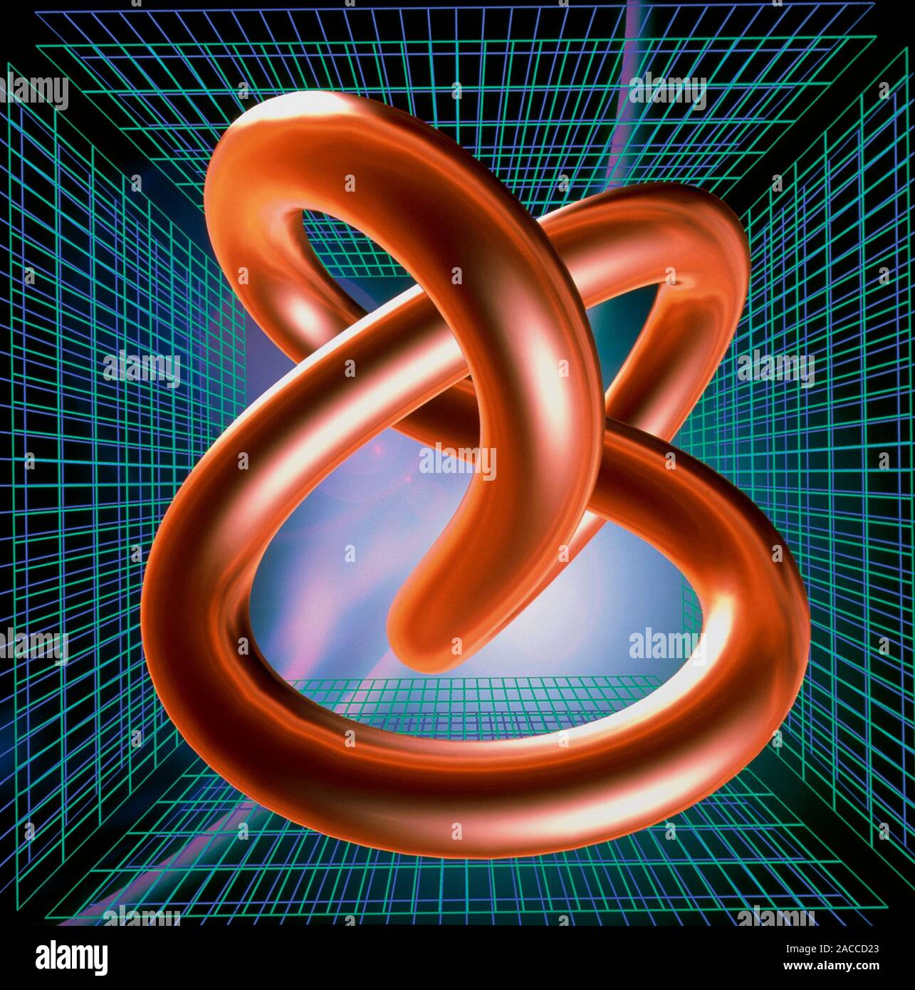 Torus knot. Computer graphic of a knotted torus on a grid pattern ...