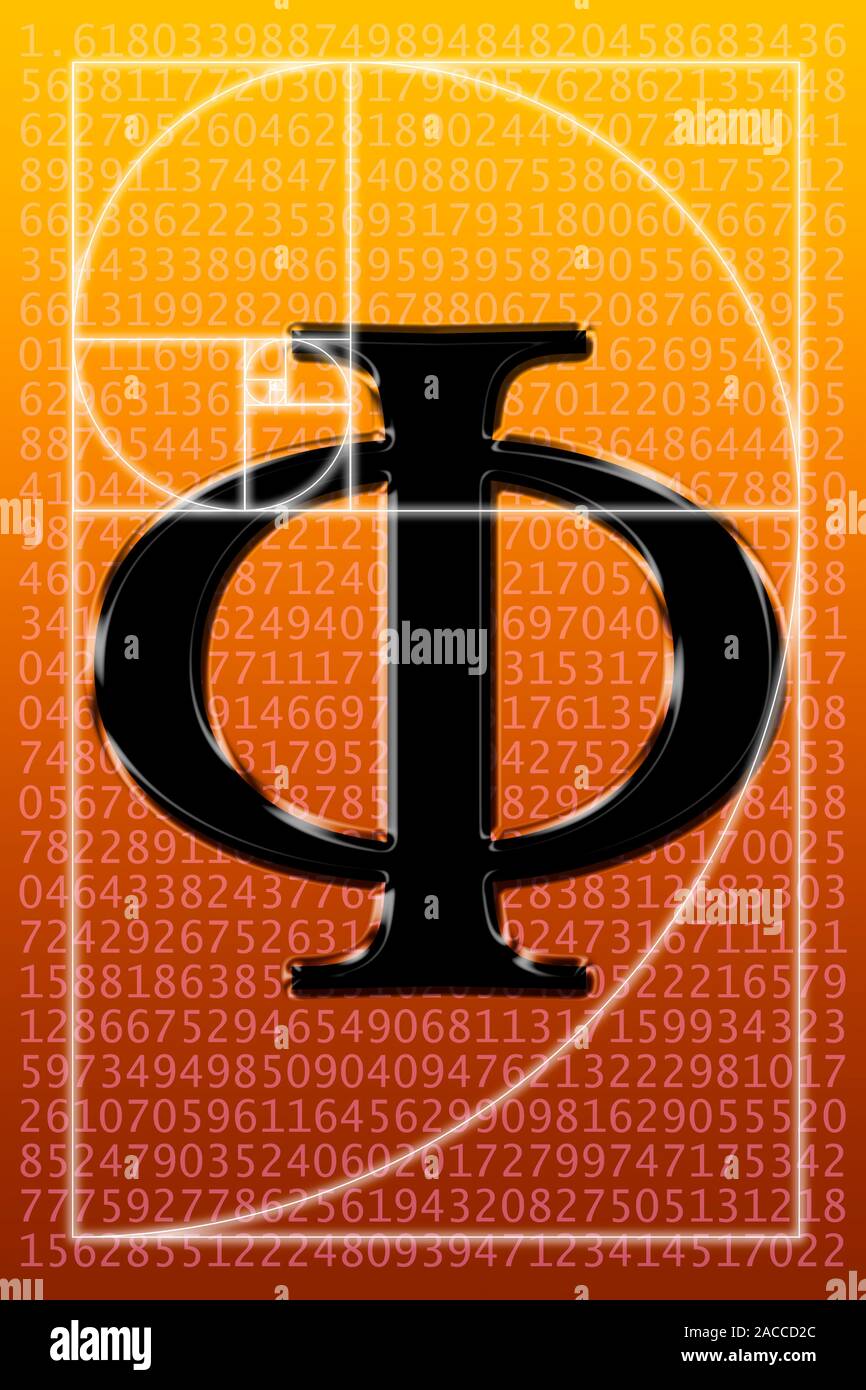Fibonacci spiral and Phi, computer artwork. The constant Phi, written ...